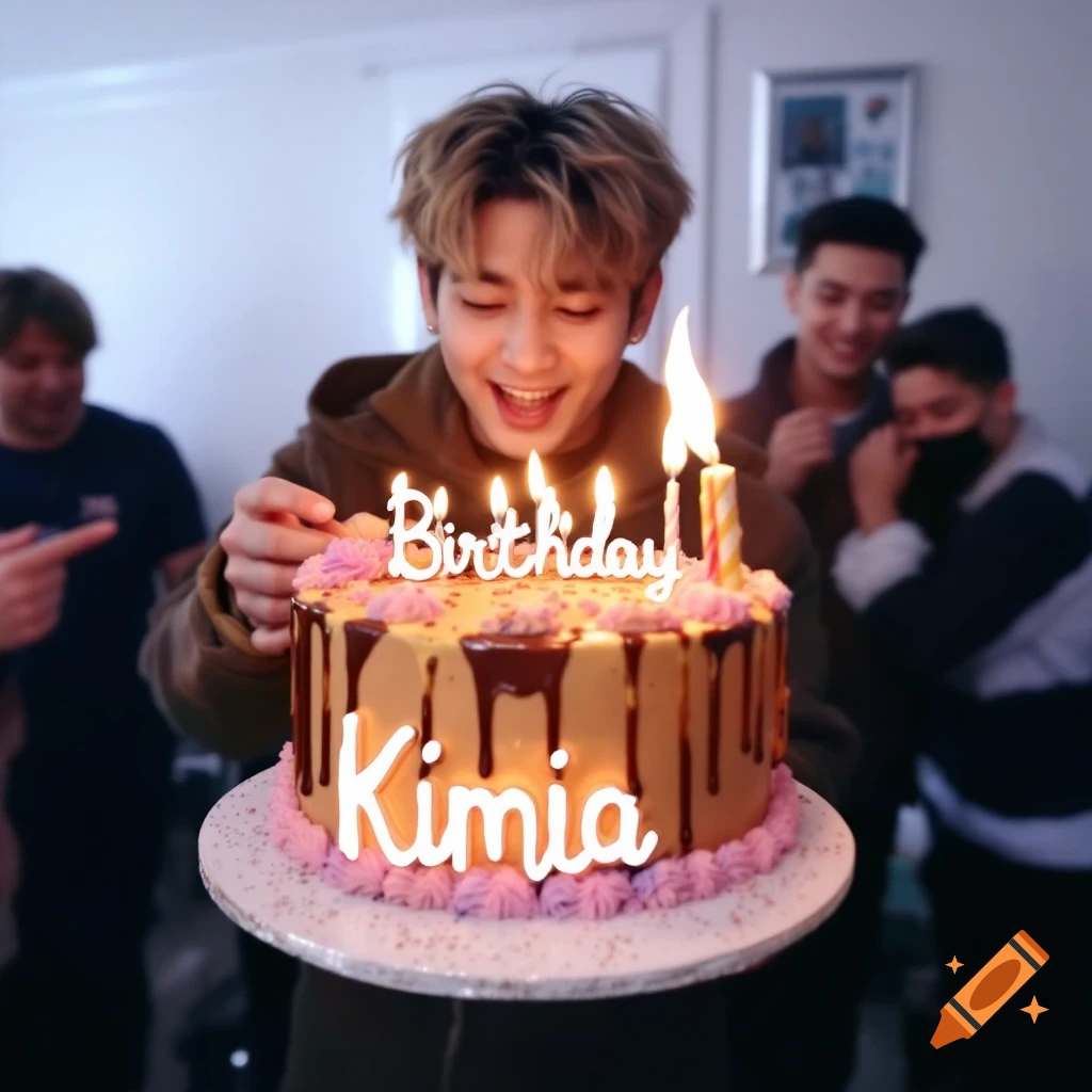 BTS' Suga holding a birthday cake with Kimia written on it on Craiyon