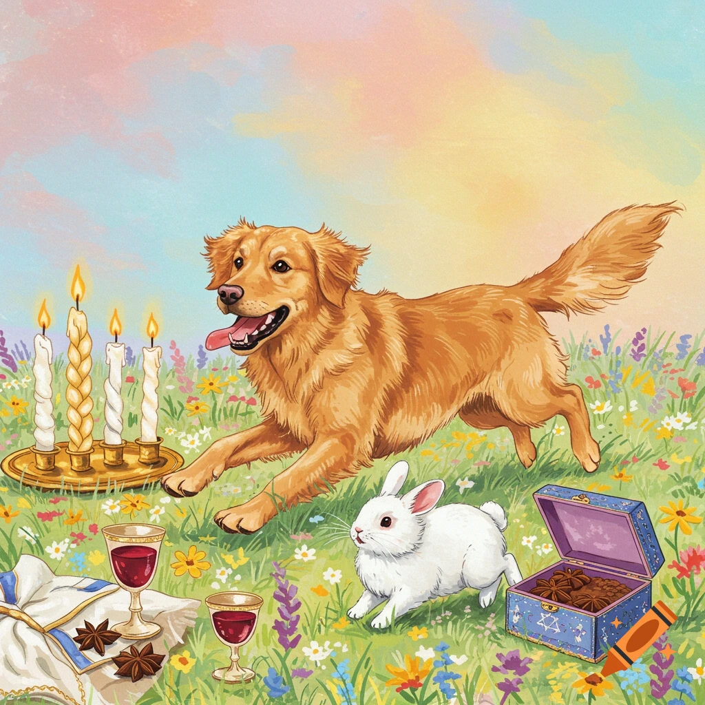 A golden retriever and a white rabbit run through a field of ...