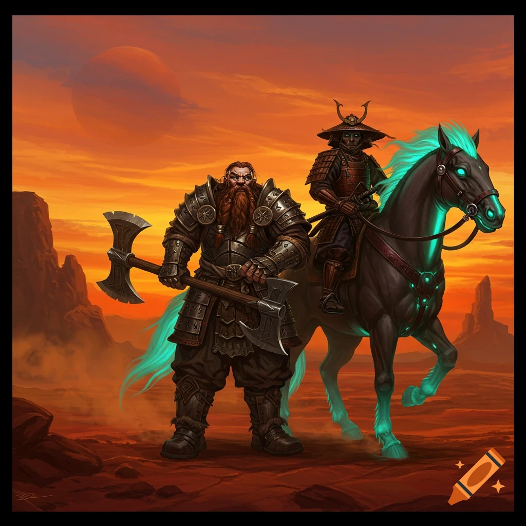 Dwarven warrior and samurai warrior riding into the sunset on Mars on ...