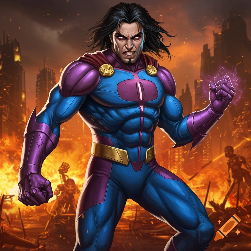 A dark-haired superhero in blue and purple armor stands in a destroyed ...