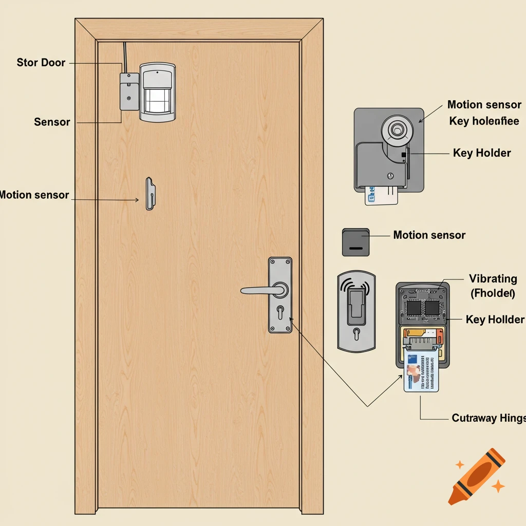 Diagram of a college dorm door with sensor and vibrating key holder on ...
