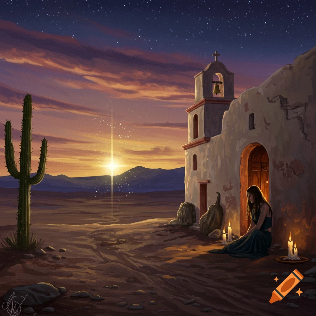 Scene of a desert highway at night with a distant light on Craiyon