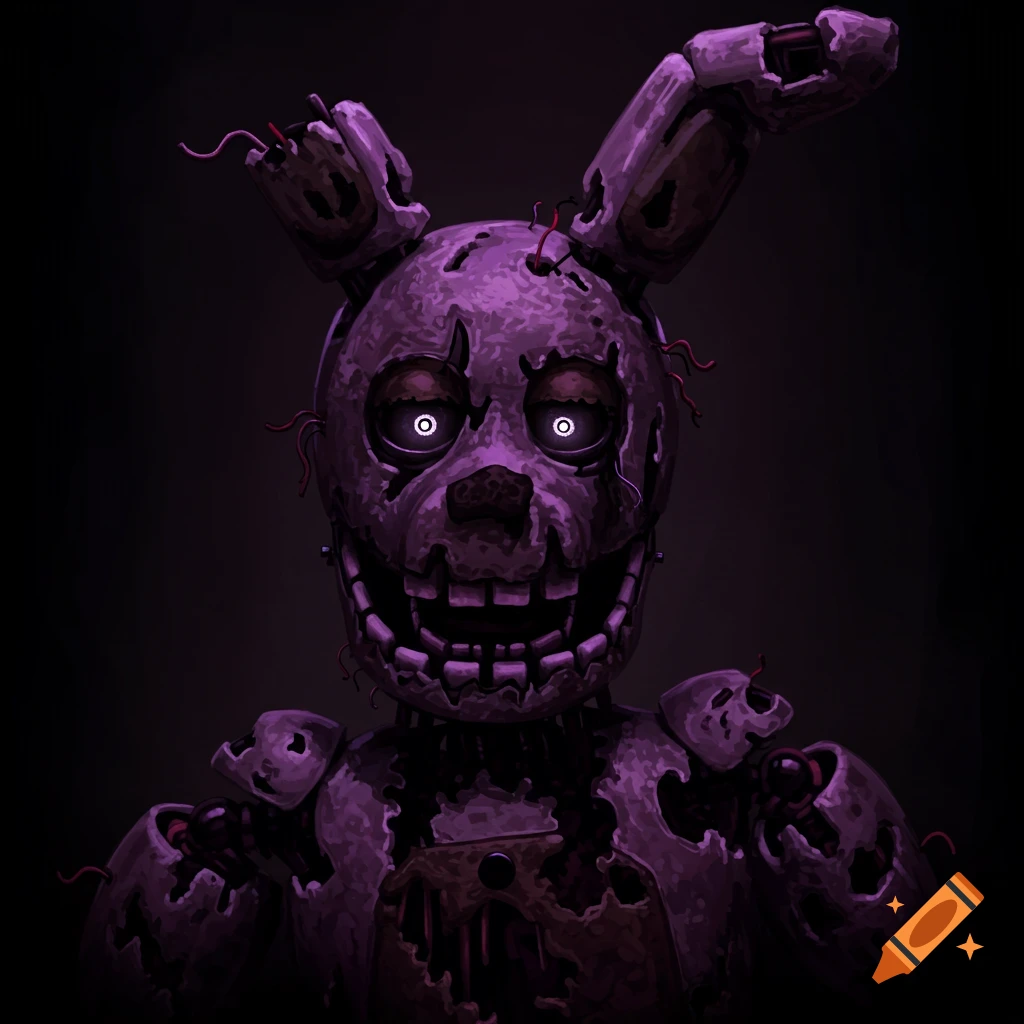 A creepy, torn green animatronic character with glowing white eyes ...