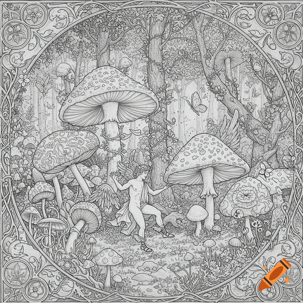 Detailed black and white line art of a whimsical, magical nature scene ...