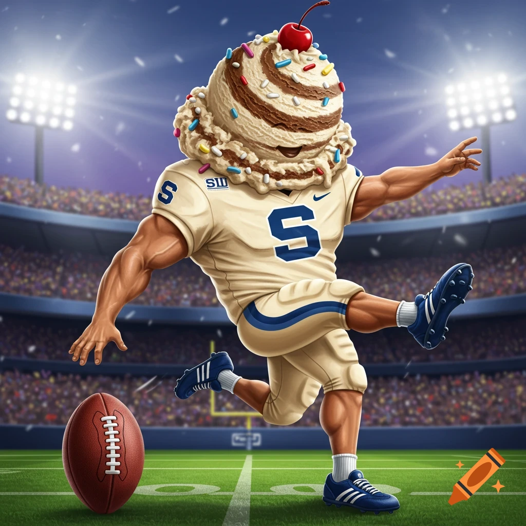 Cartoon ice cream scoop character in a football uniform kicks a ...