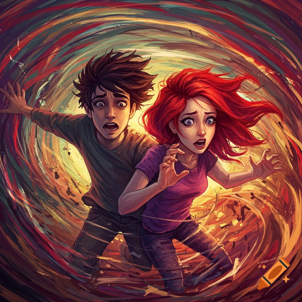 Two frantic people with the world spinning around them. on Craiyon