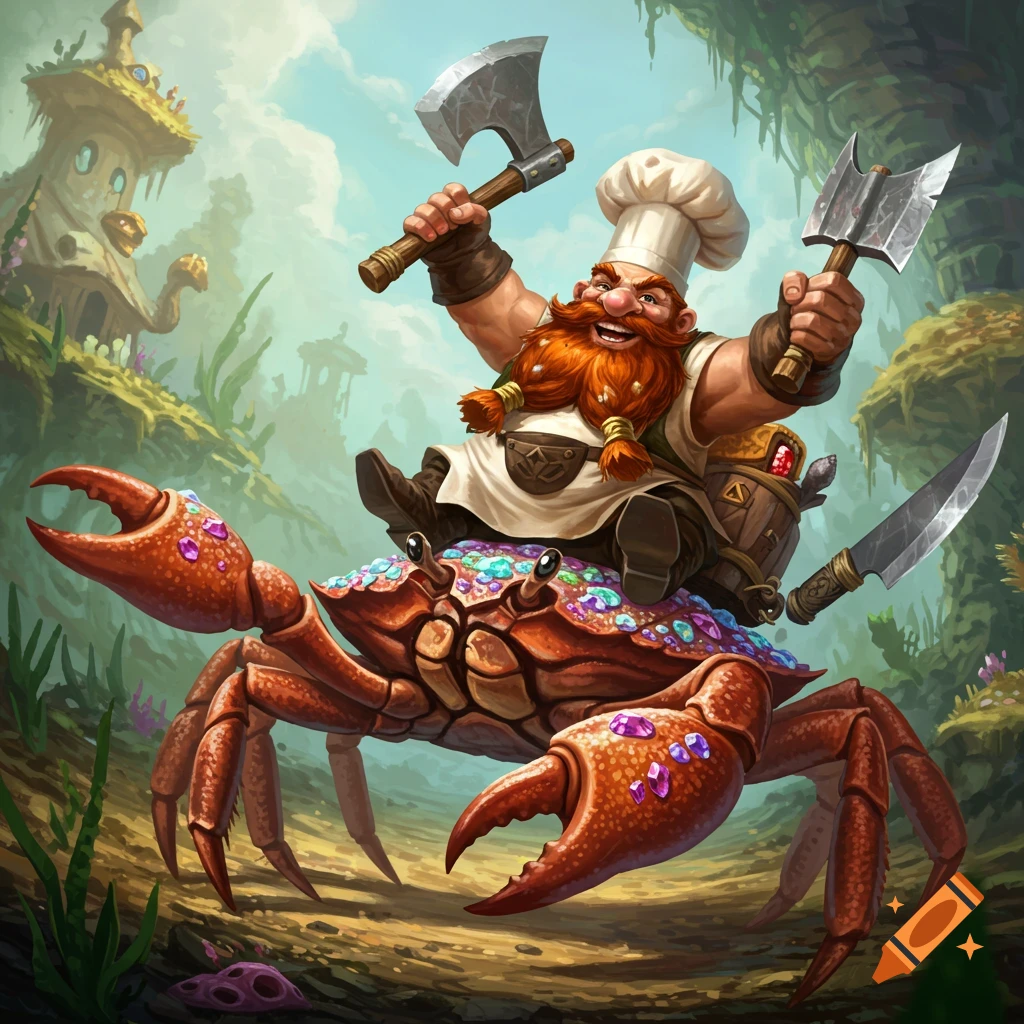 Dwarf chef riding a bedazzled crab with a knife on Craiyon