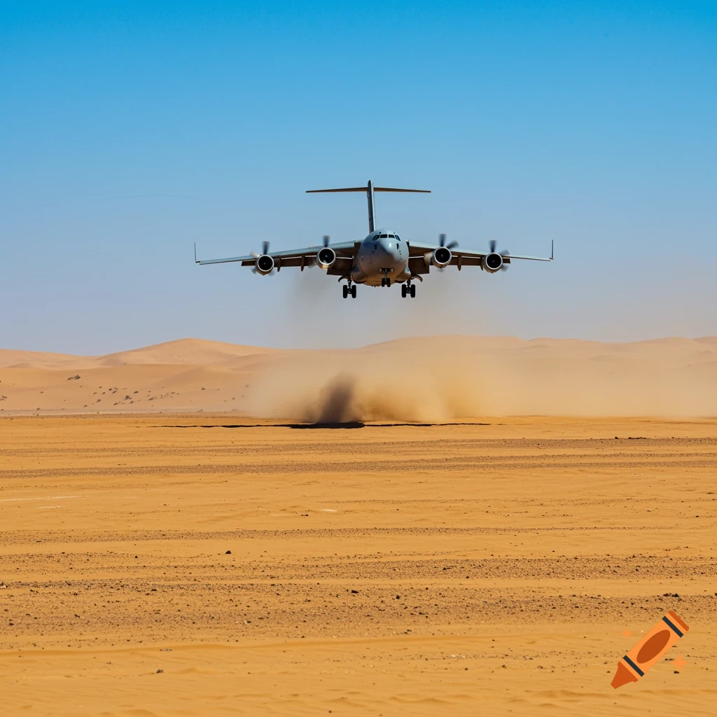 Aircraft landing on desert landscape on Craiyon