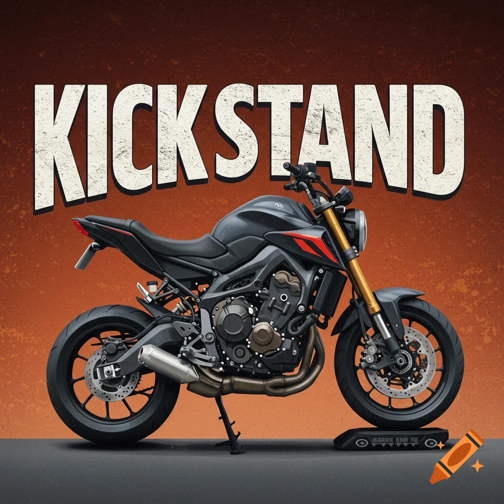 The word 'kickstand' on a motorcycle, with the 't' slanted and serving ...