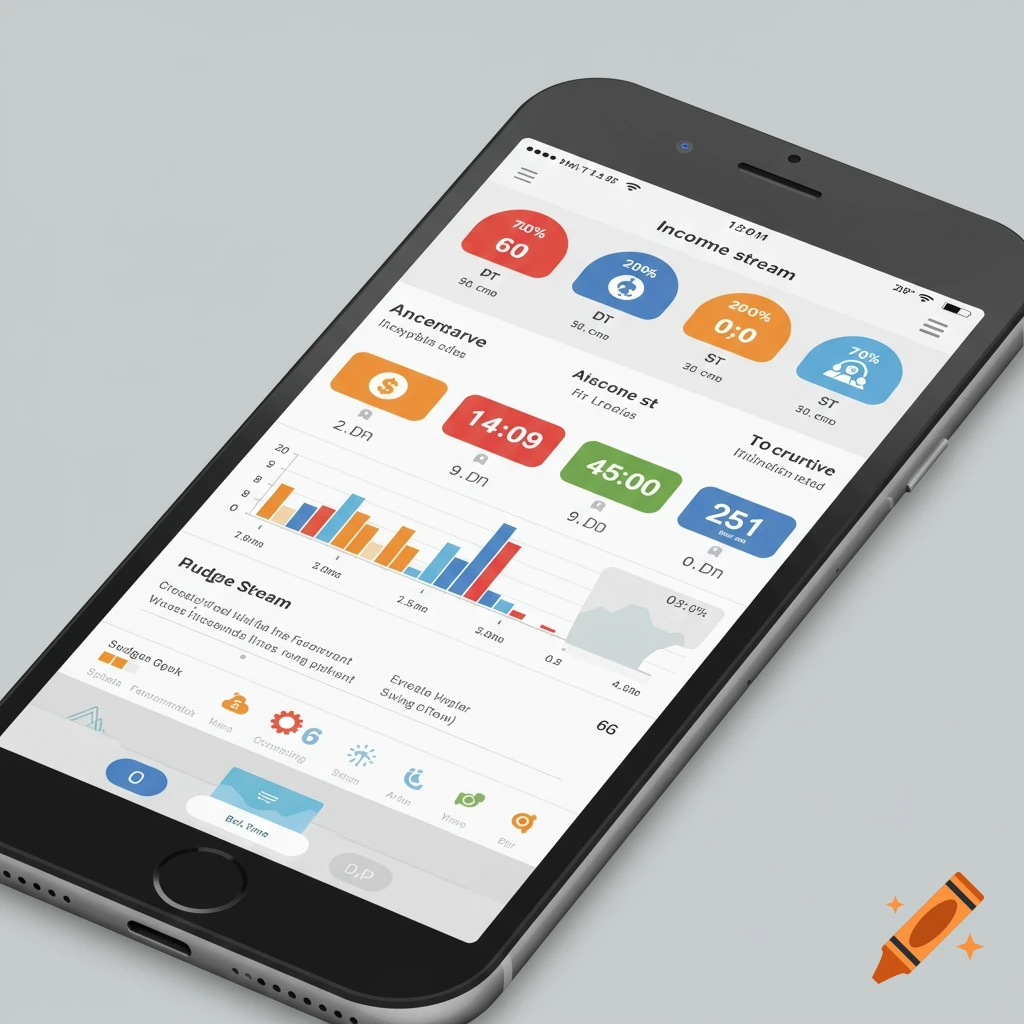 Phone app homescreen showing income streams and budgeting tools on Craiyon