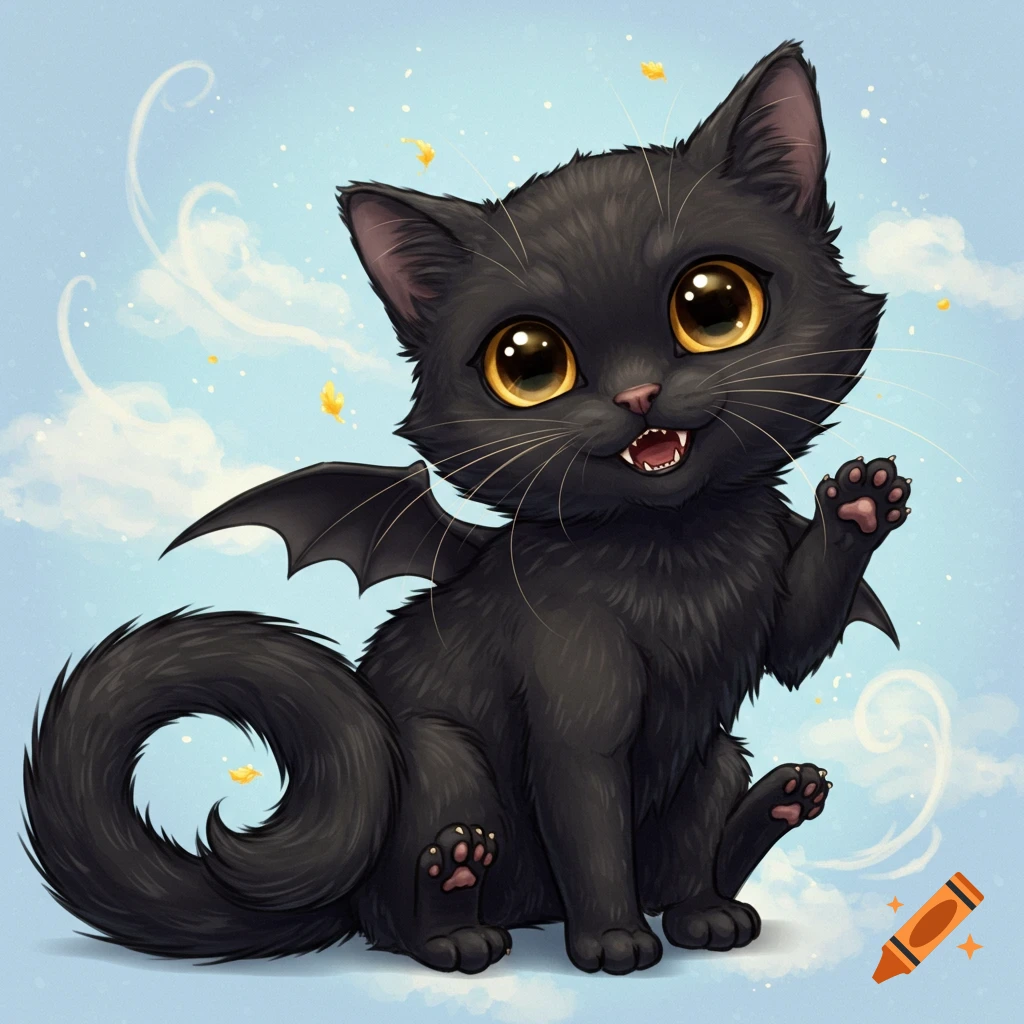 Cute black cat dragon hybrid with fangs on Craiyon