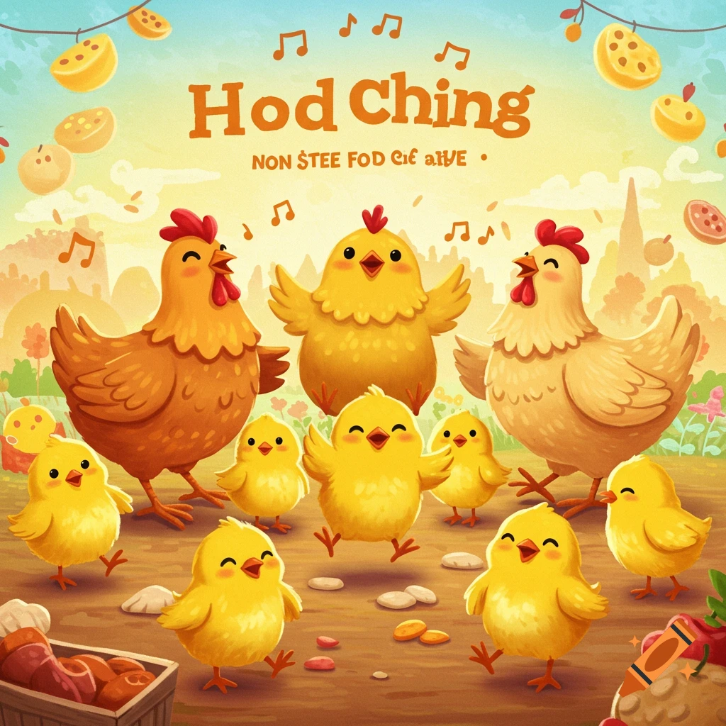 Cute illustration of chickens and chicks singing and dancing, with ...