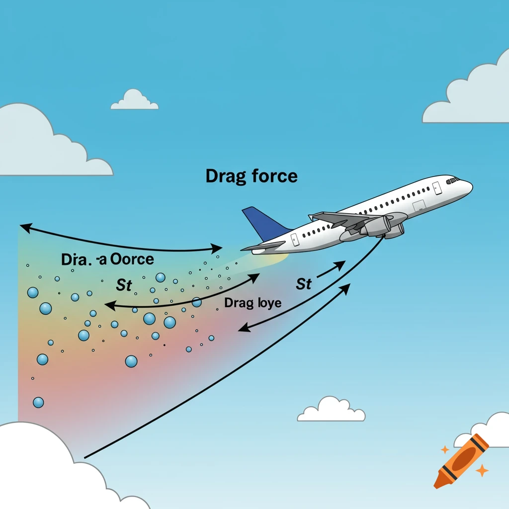Diagram of drag force and air resistance on an airplane on Craiyon
