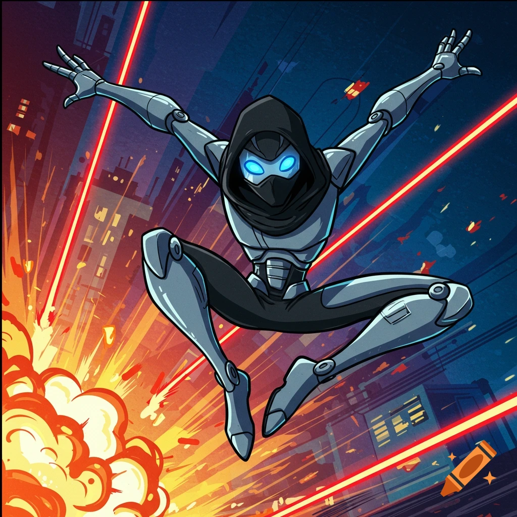 Futuristic ninja android leaps into action, 2000s cartoon style on Craiyon