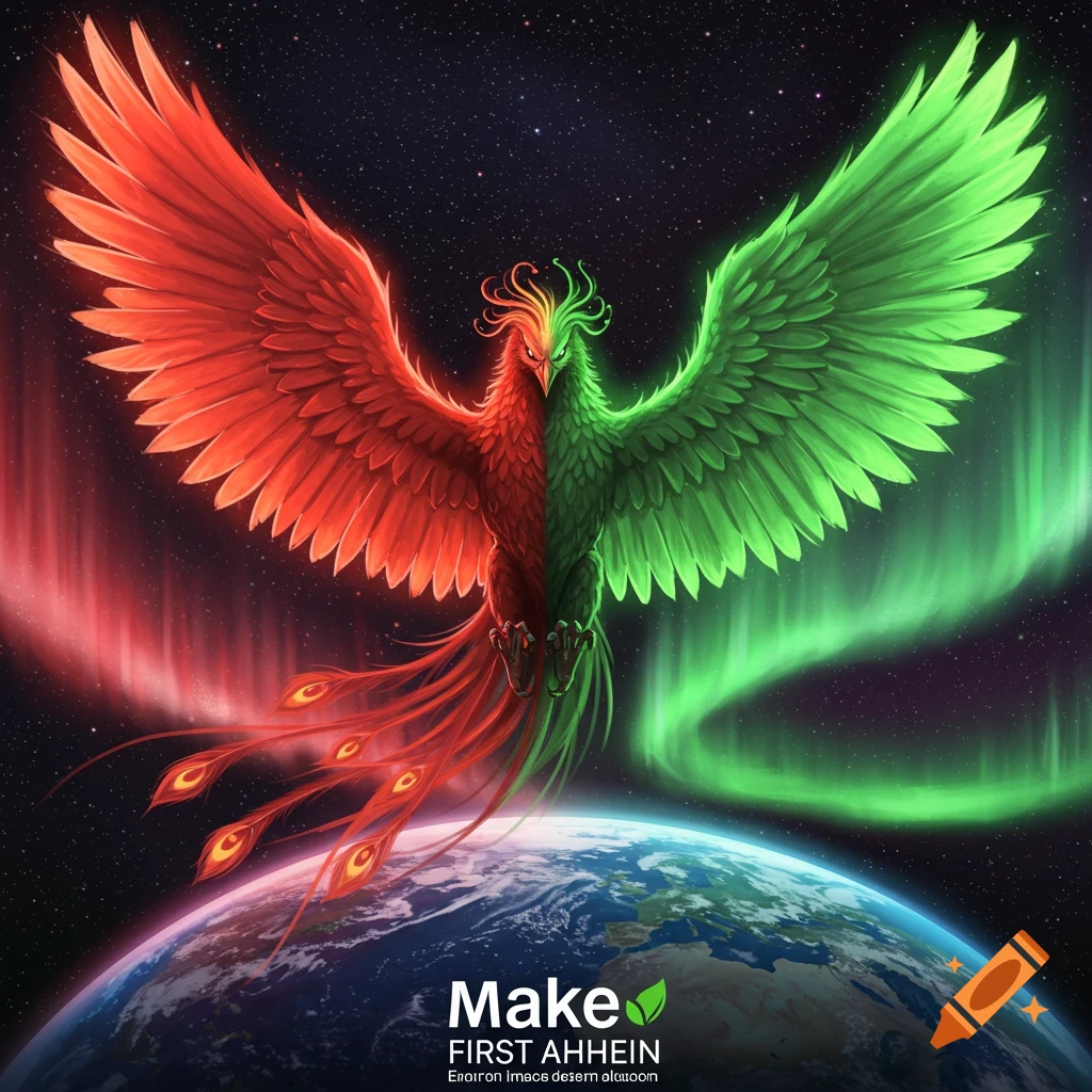 Phoenix flying with red and green aurora background on Craiyon