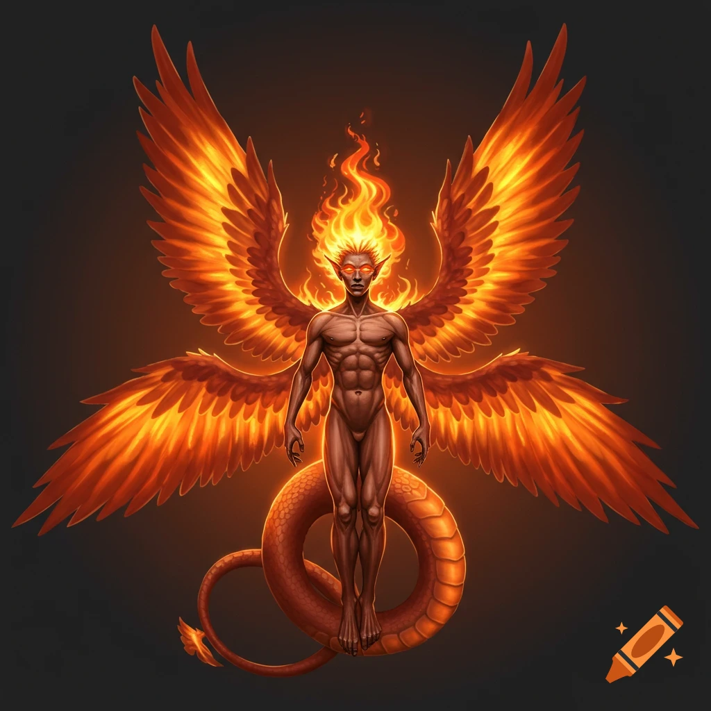 Fiery winged figure with a serpent tail standing against a dark ...