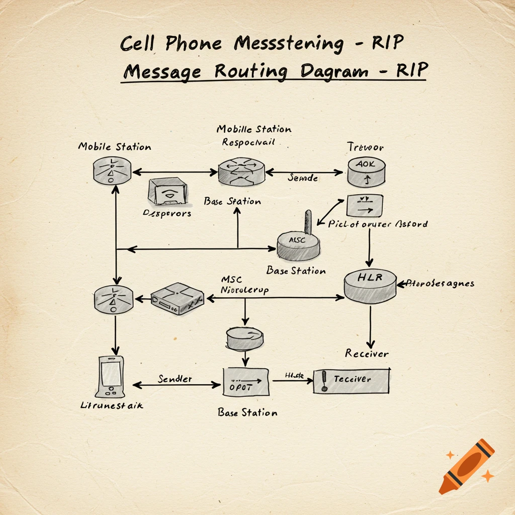 Cell Phone Message Routing Diagram, pencil sketch style on Craiyon