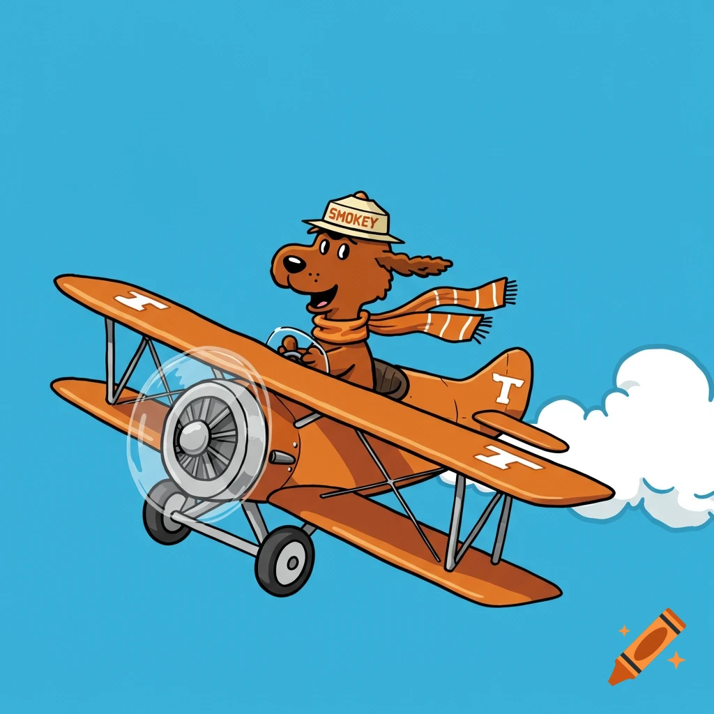 Cartoon Smokey UT dog in a biplane with orange scarf, Snoopy style ...