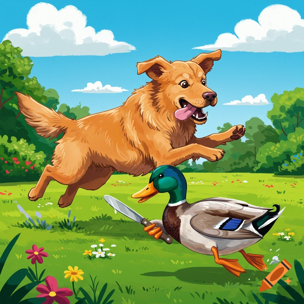 A dog running from a duck holding a knife in a grassy park. on Craiyon