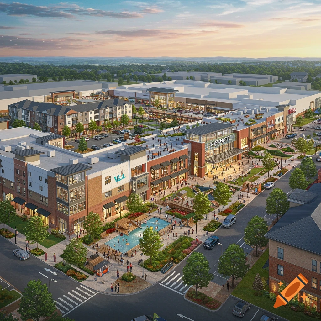 Aerial architectural rendering of a large mixed-use development with ...