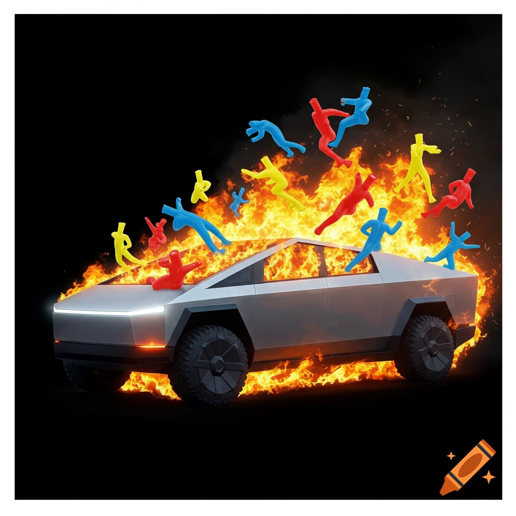 Tesla Cybertruck surrounded by colorful figures representing fire on a ...