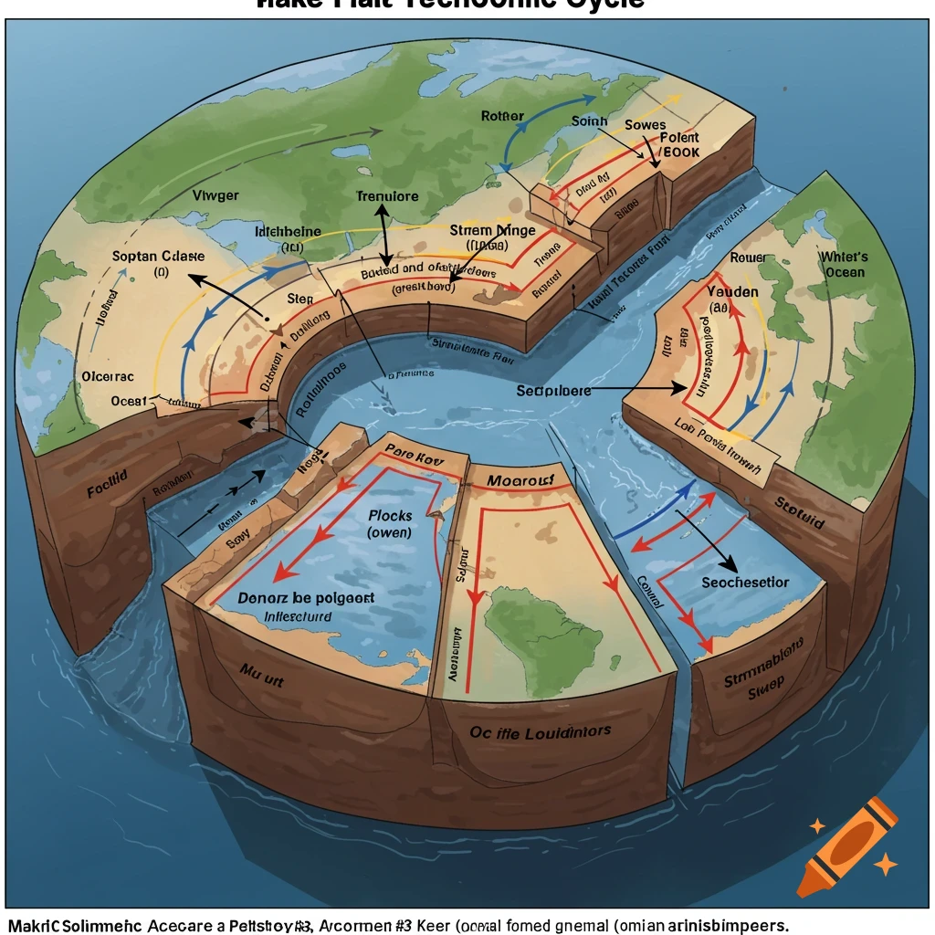 Plate tectonic cycle diagram showing plate boundaries and rock ...