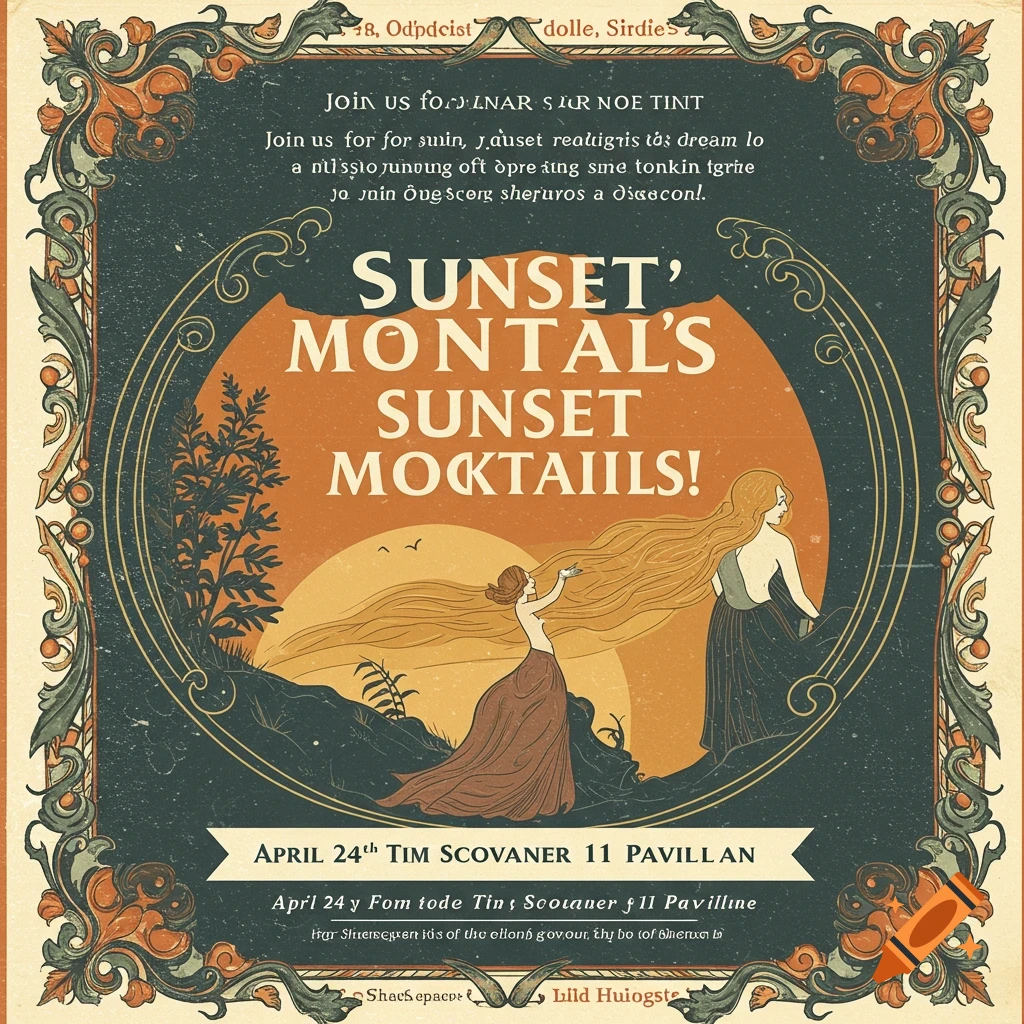 Vintage poster for Midsummer Night’s Sunset Mocktails event on Craiyon