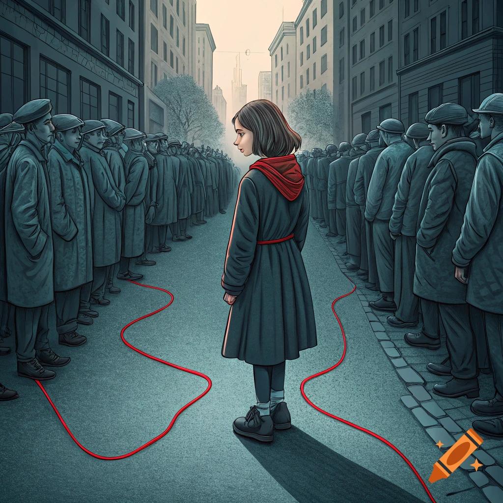 A young girl in a gray uniform with a vivid red thread in a street ...