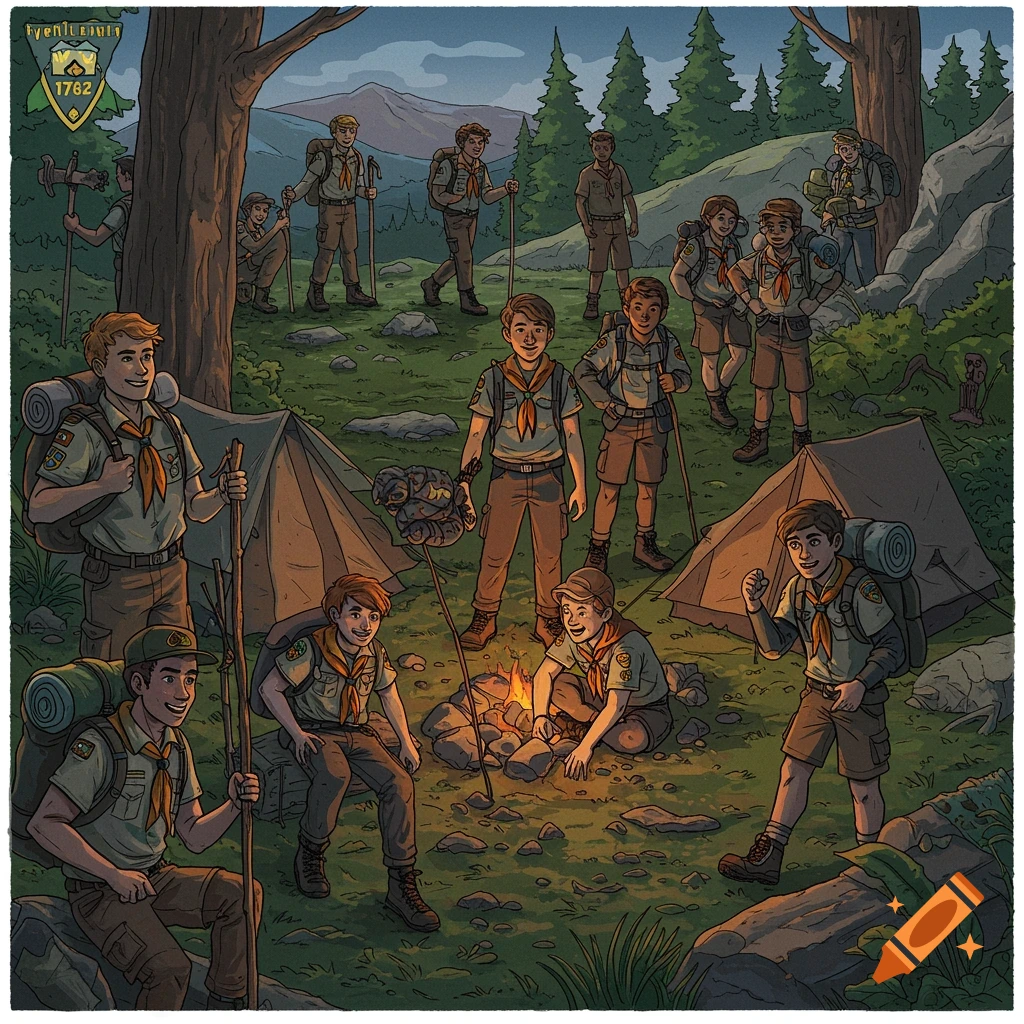 Boy scouts camping and hiking in a forest, gathered around a campfire ...