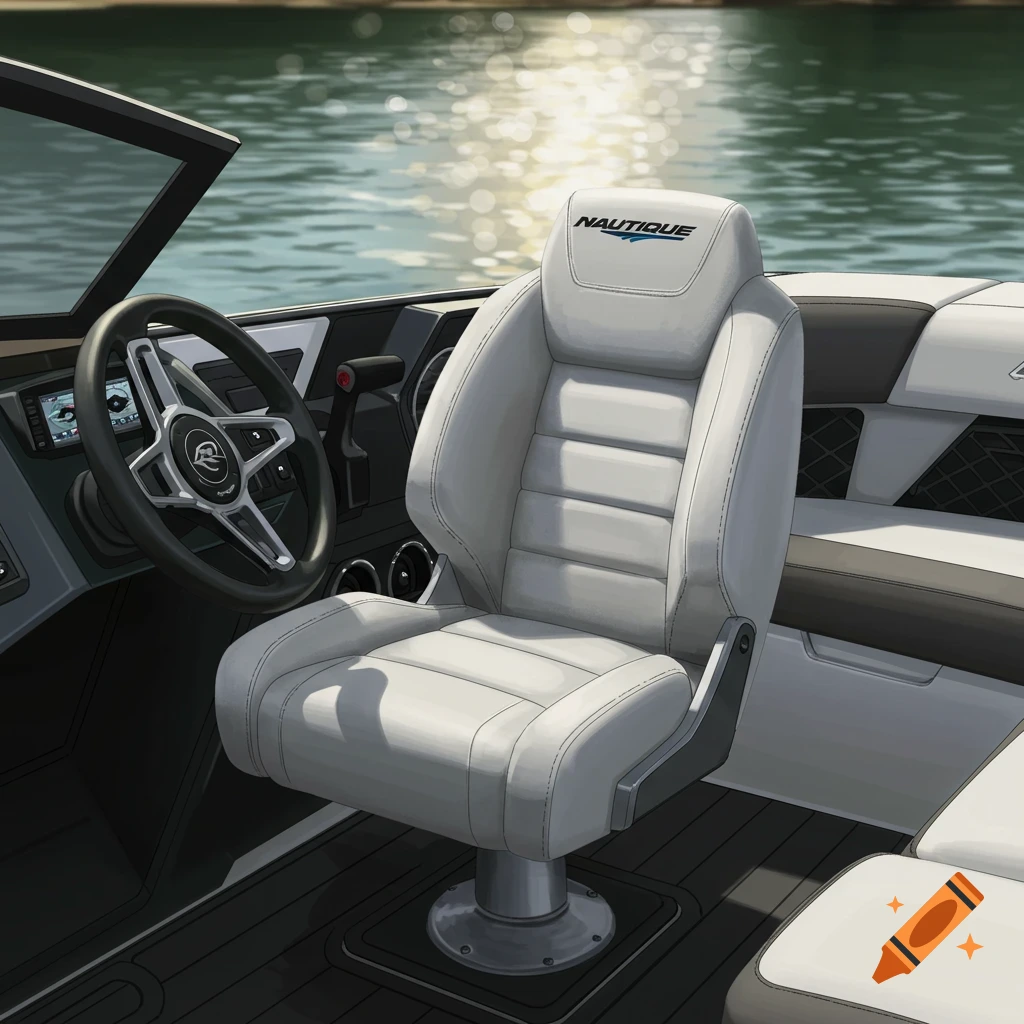 The helm seat, steering wheel, and dashboard of a Nautique boat on the ...