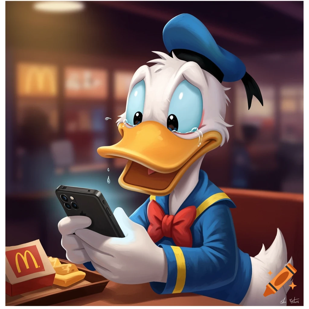 Cartoon illustration of Donald Duck pulling down his blue pants. on Craiyon