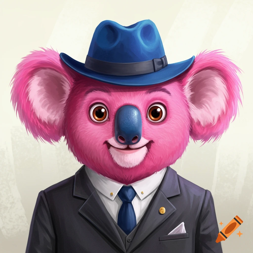 Pink koala in suit and blue hat on Craiyon