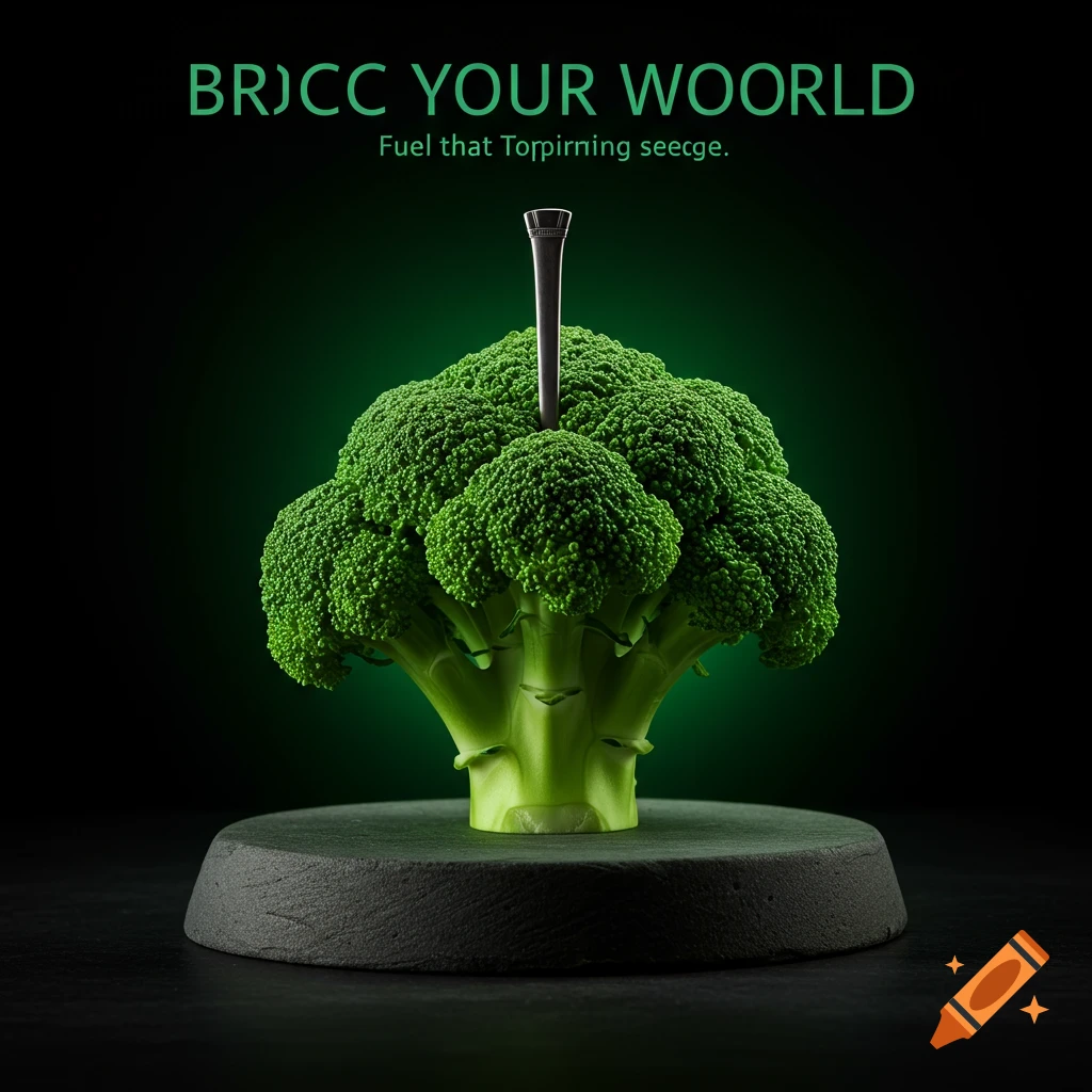 Dramatic cinematic photo of green broccoli crown with fork and text ...