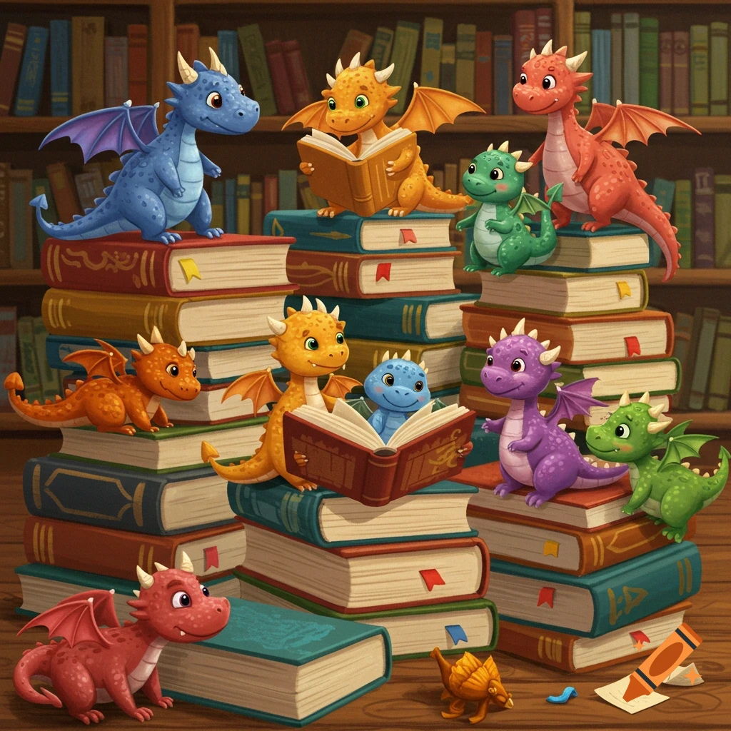 Book stacks and friendly dragons on Craiyon