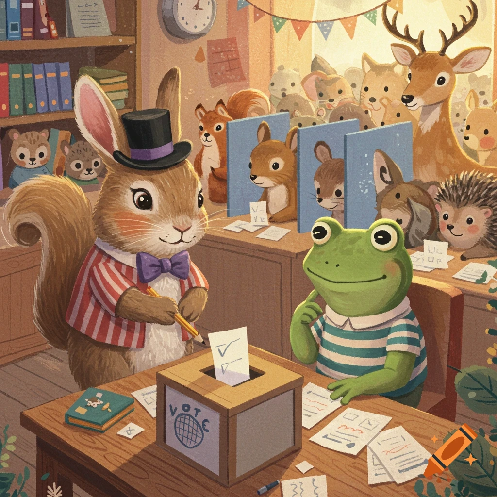 A squirrel in a suit and top hat and a frog are voting at a desk ...