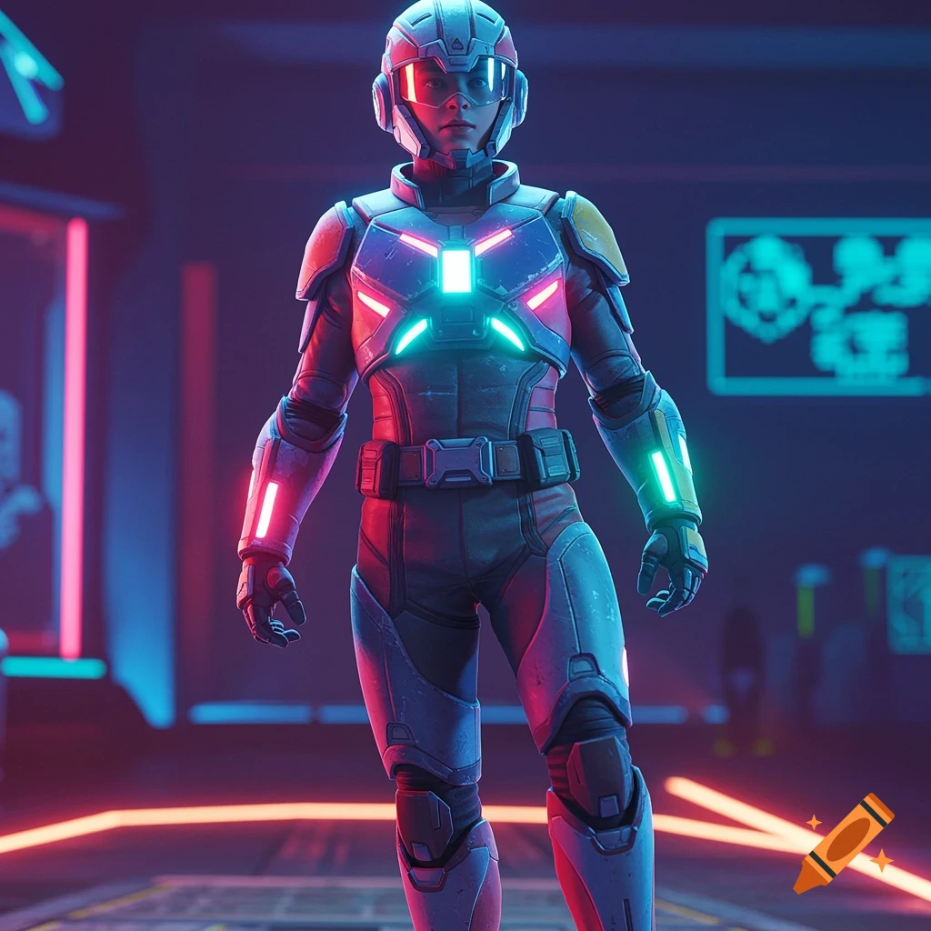 Teenage video game hero with multicolored armor and retro helmet. on ...