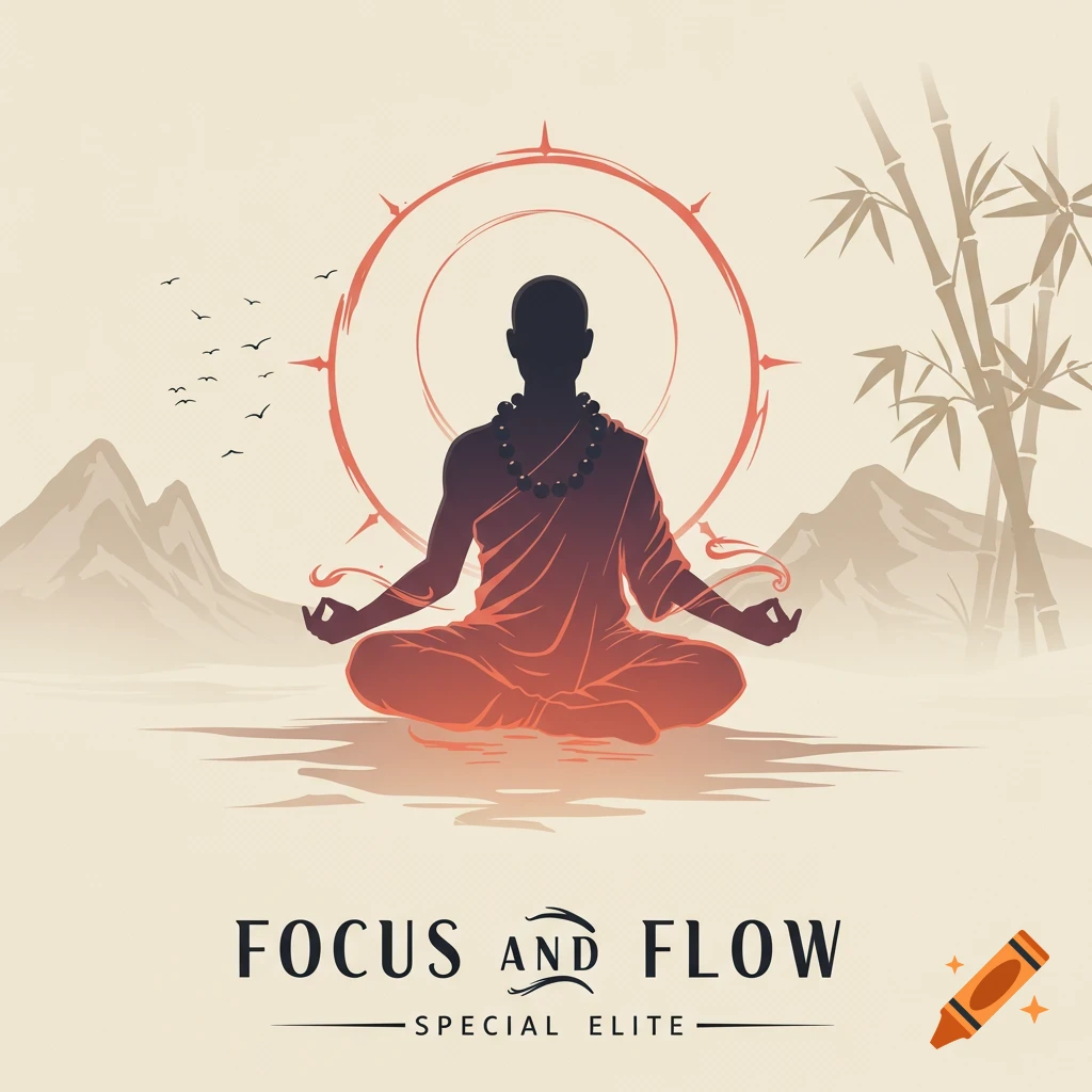 Silhouette illustration of a meditating monk surrounded by a subtle ...