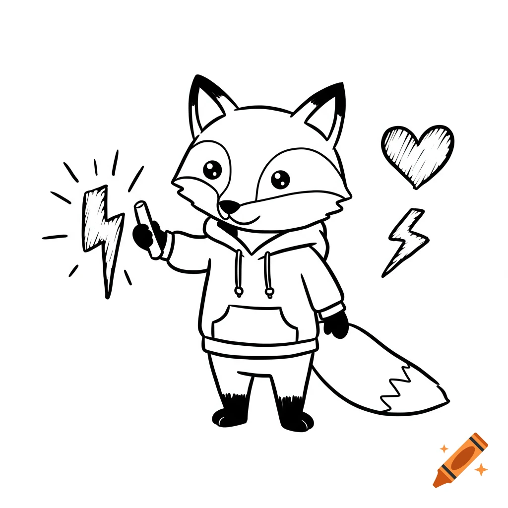 Fox wearing hoodie drawing heart and lightning bolt with chalk, black ...