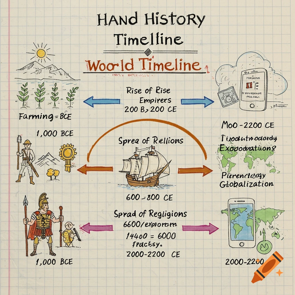 Hand-drawn history timeline with farming, empires, religions, trade ...