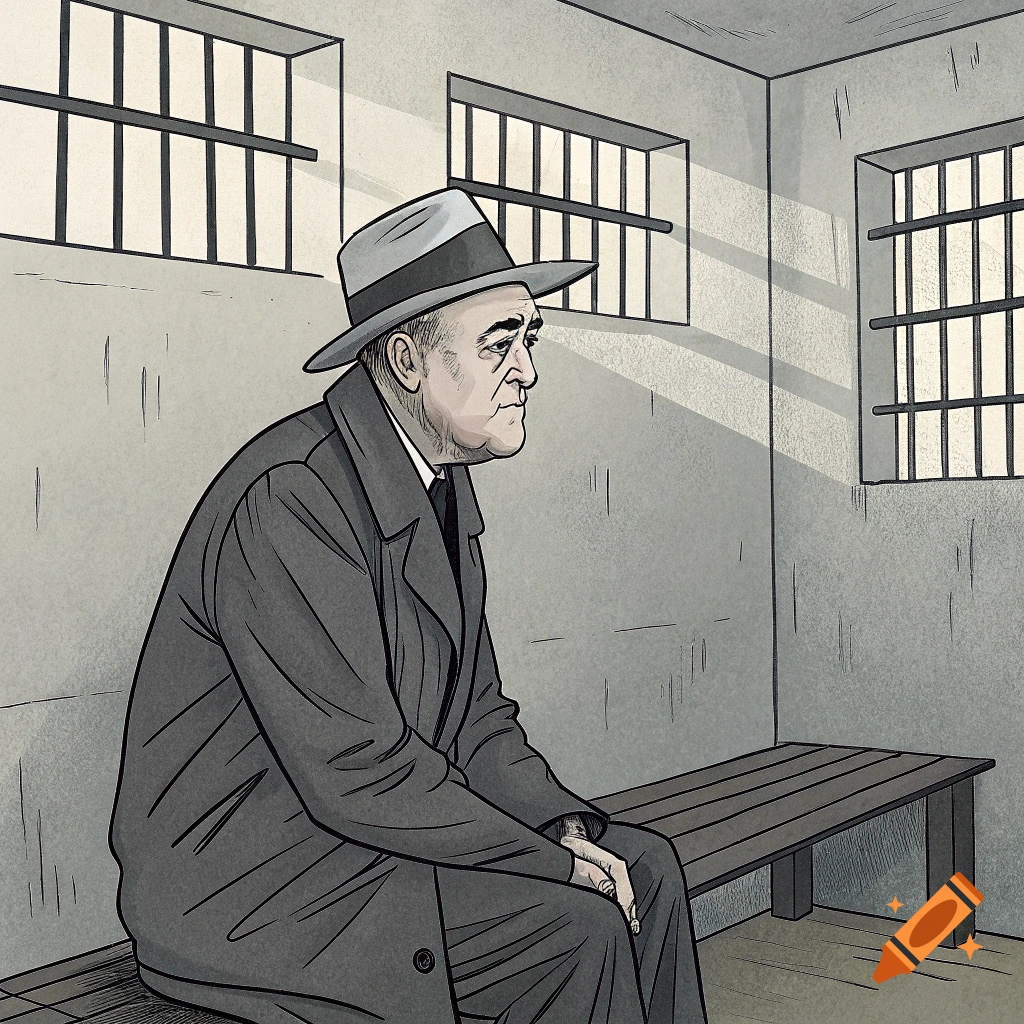 Illustration of a man in a hat sitting on a bench in a prison cell. on ...
