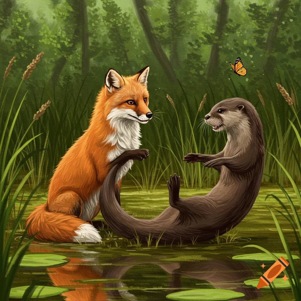 Fox and otter playing in a bog with a butterfly on Craiyon