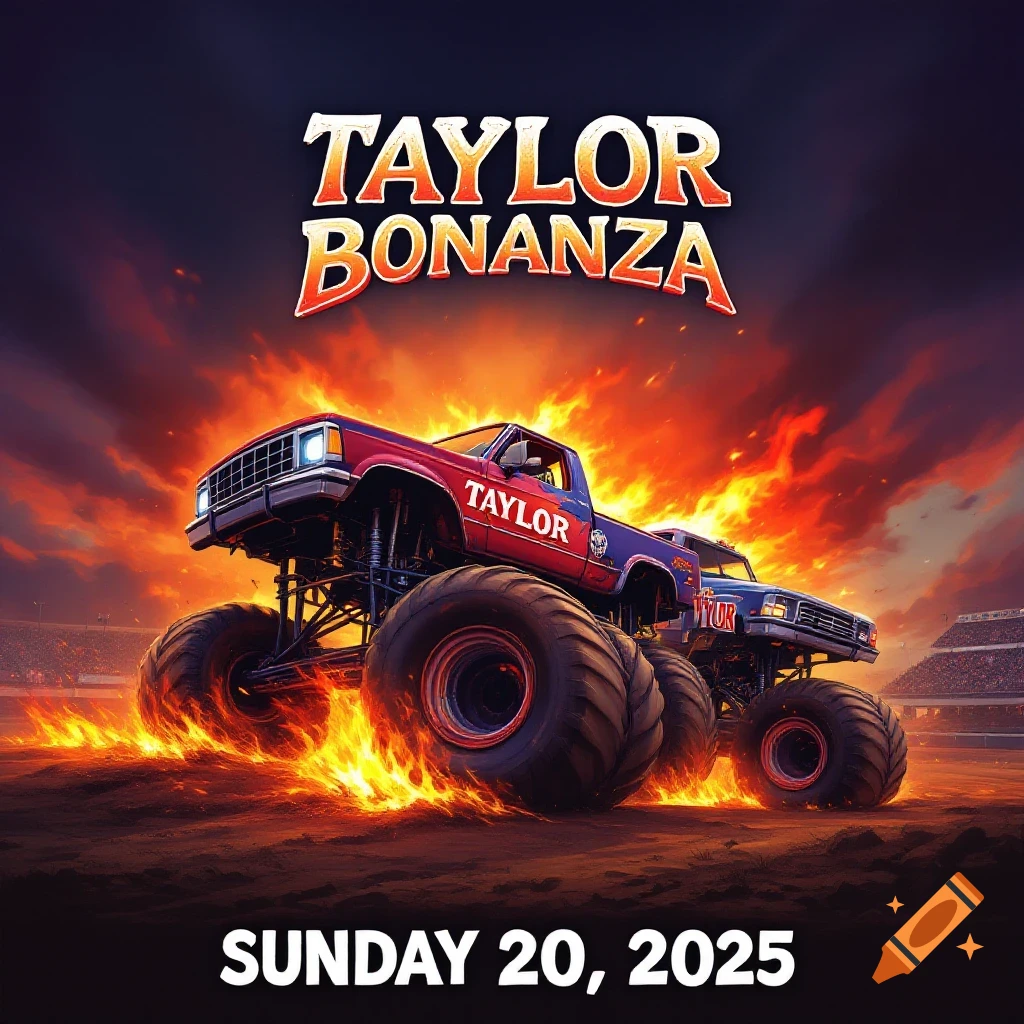 Taylor Turkey Bonanza poster with monster trucks and flames on Craiyon