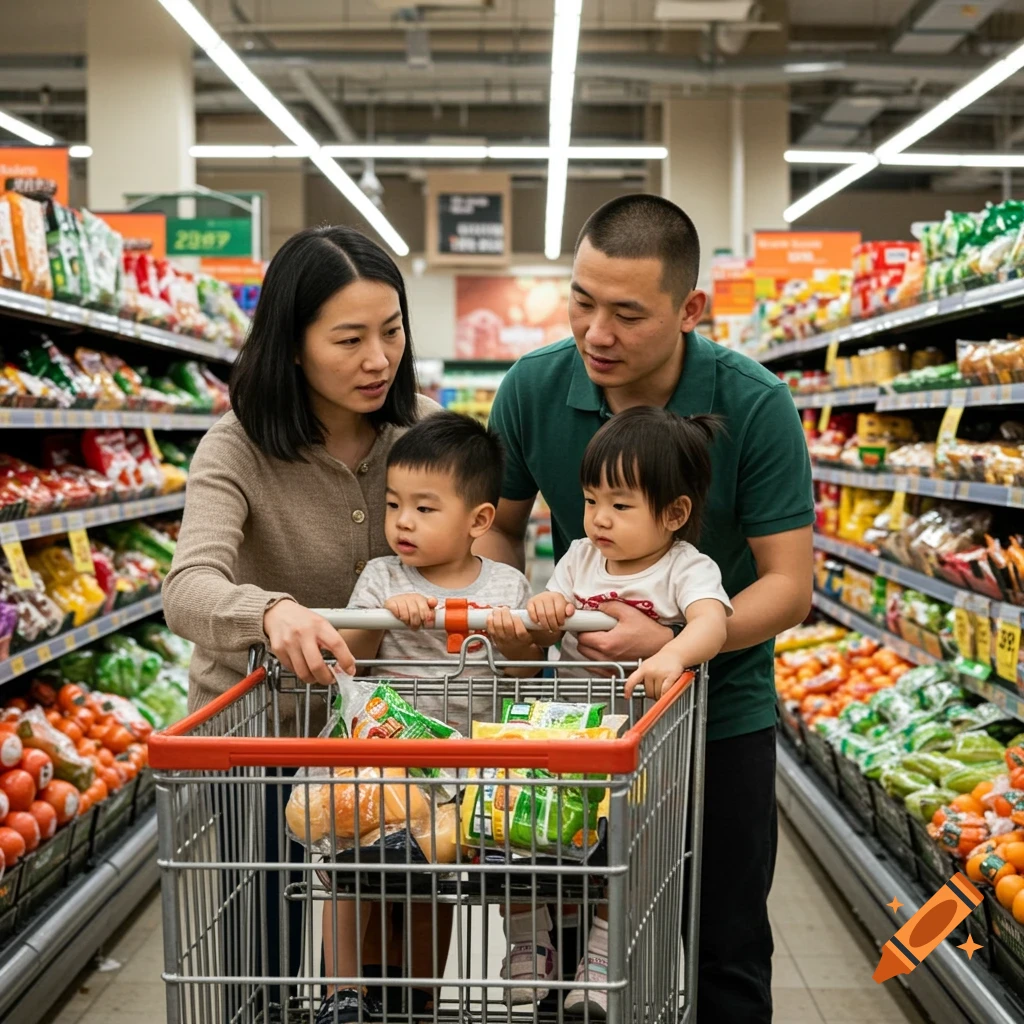 Chinese family in a shopping cart at the store on Craiyon