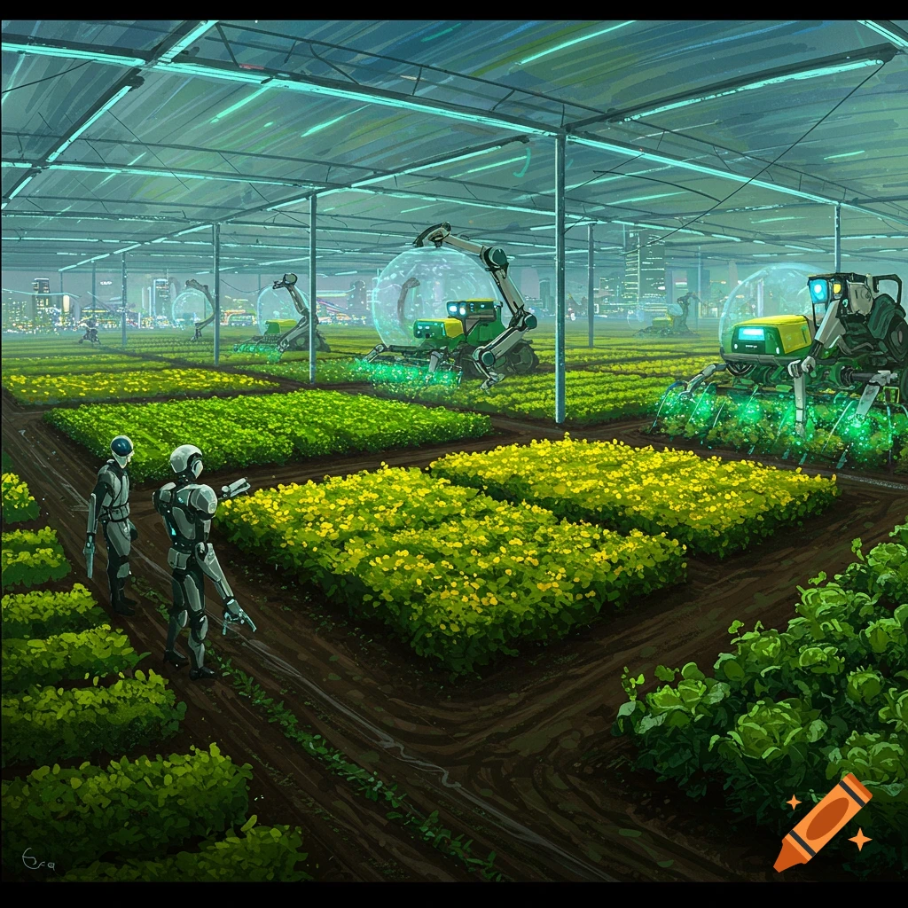 A futuristic farm with robots working inside a greenhouse, a city ...