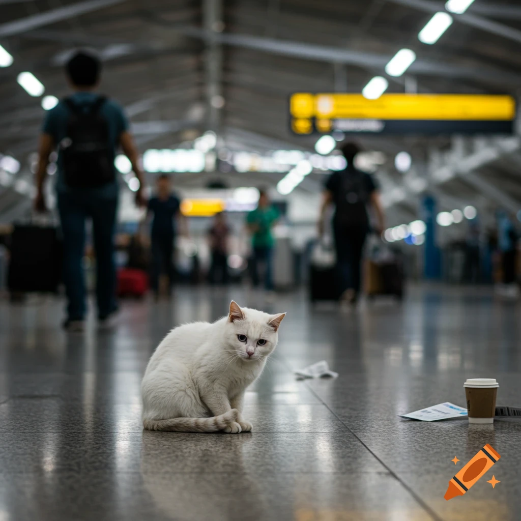 A white cat sits on the floor in a blurry airport terminal with people ...