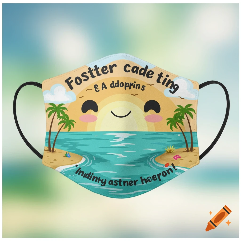 Foster care adoption face mask with ocean, water, and palm trees on Craiyon