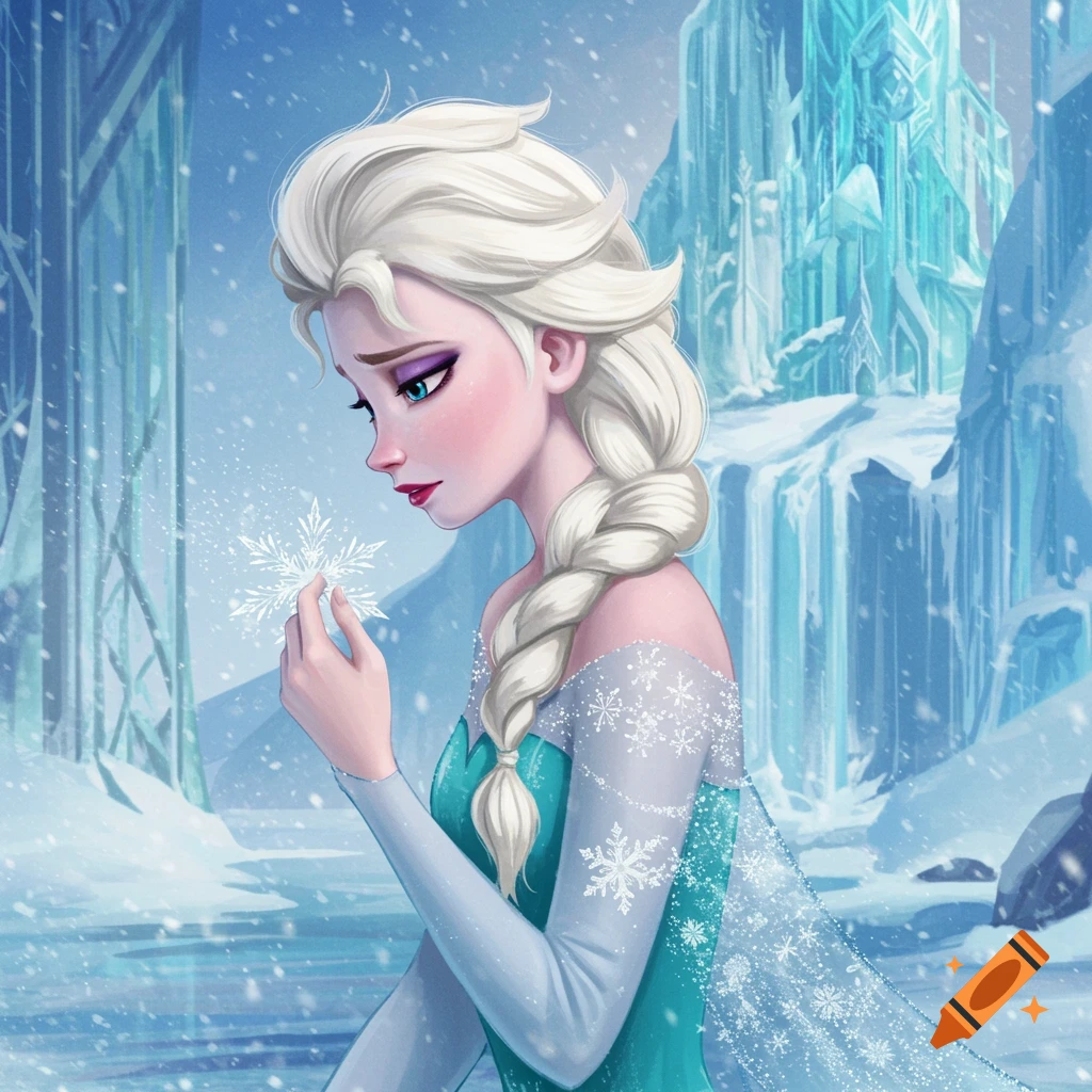 Elsa, with blonde braided hair and a teal dress, stands in a snowy, icy ...