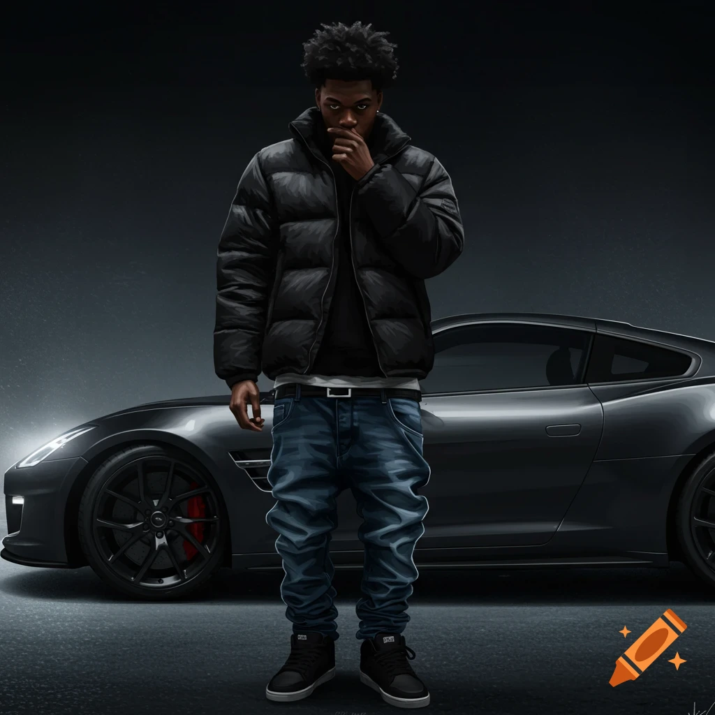 Black man in puffer jacket posing by a car on Craiyon