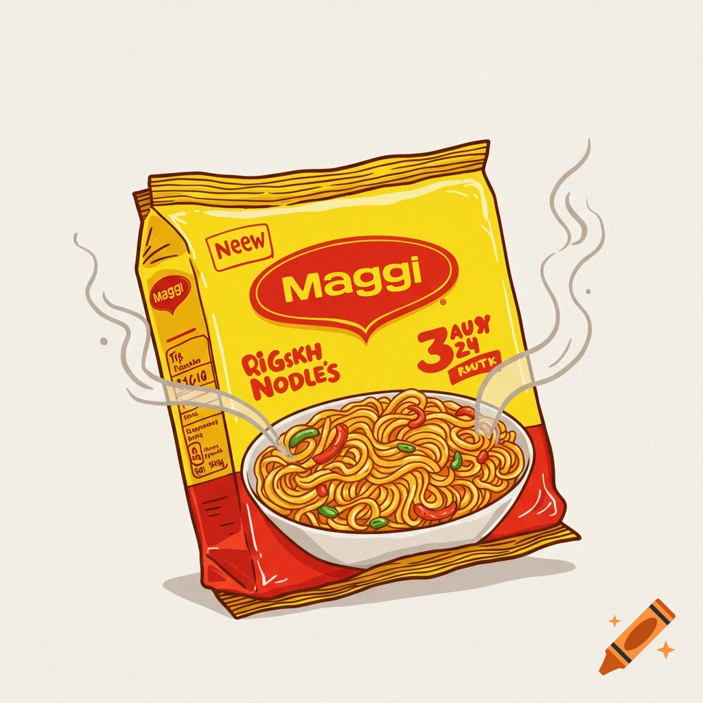 Drawing of a Maggi noodles packet and a bowl of steaming noodles on Craiyon