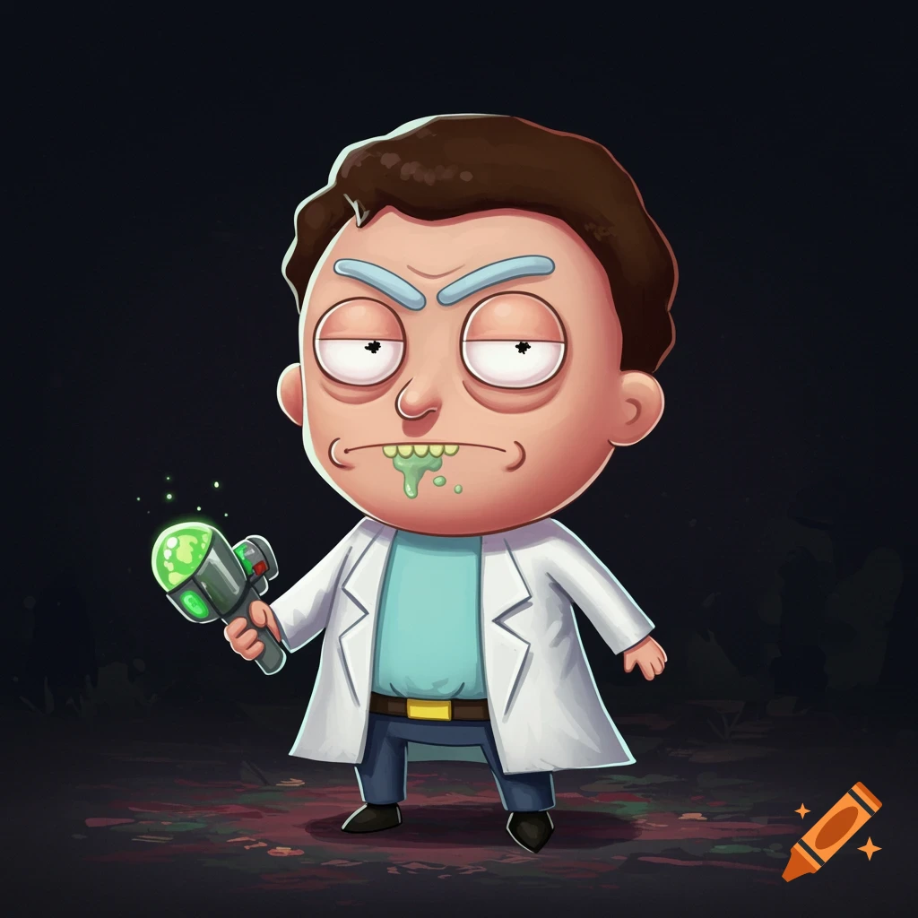 Cartoon character resembling a small Rick Sanchez with green drool ...